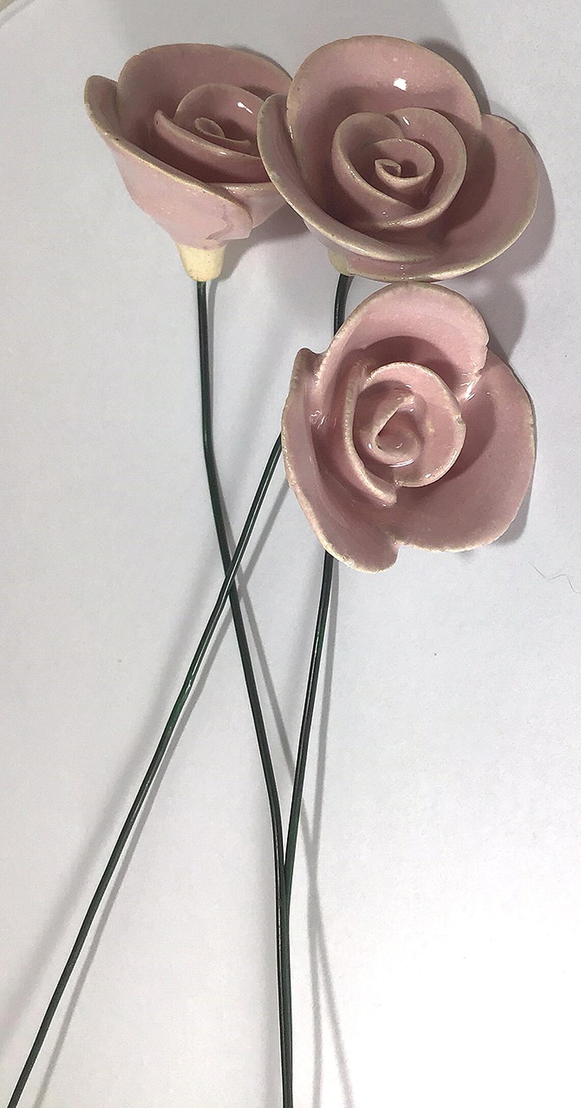 3 Ceramic Roses Pink on 10 Wire Stems Made by Hand in | Etsy