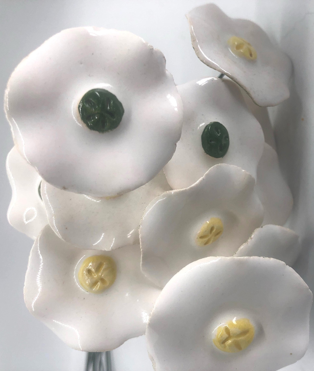 White Polish Flowers on 15 Wire Stems 12 Hand Made Ceramic Posies ...