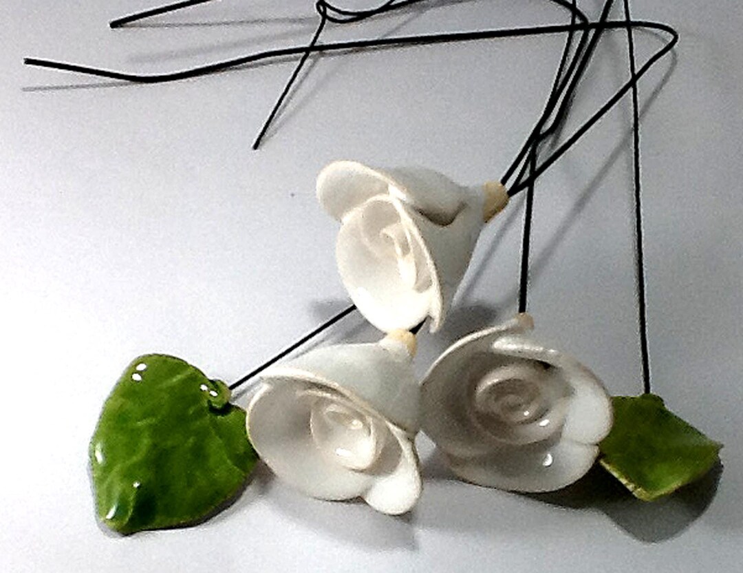 3 White Ceramic Roses - 3 White Roses and 2 Ceramic Leaves. Made by ...