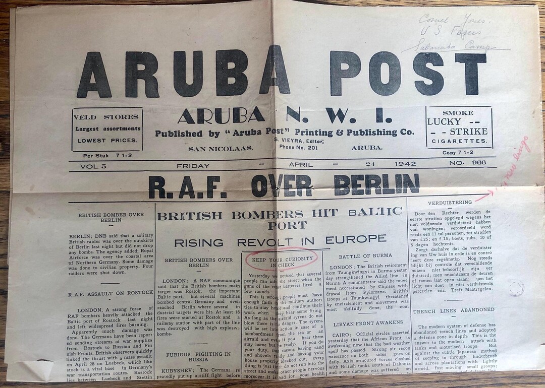 Vintage 1942 WWII Aruba Post Newspaper: R.A.F. Over Berlin - Etsy