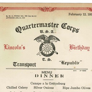 Vintage February 1939 U.S. Army Quartermaster Corps Dinner Menu USS ...