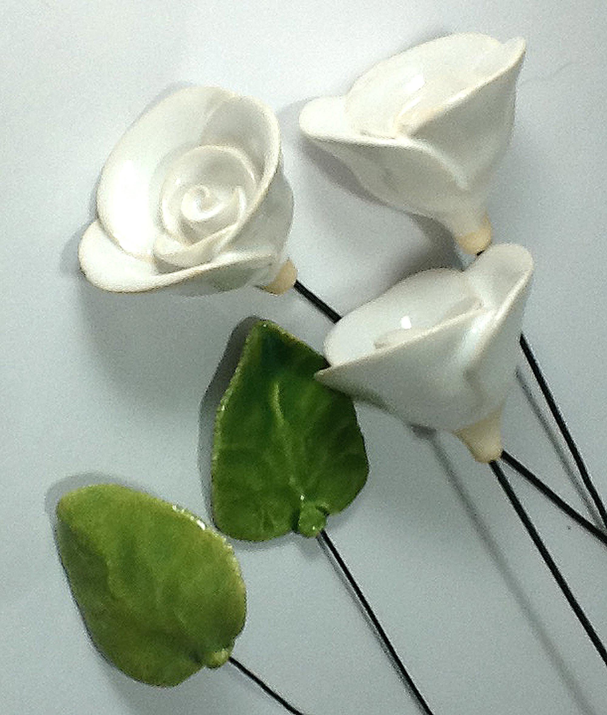 Roses White Ceramic Roses 3 White Roses & 2 Ceramic Leaves. - Etsy