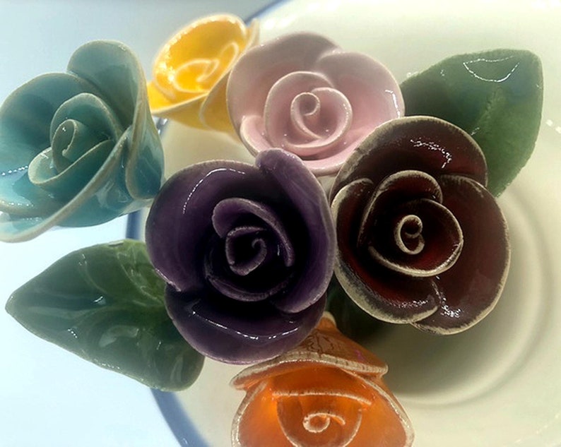 6 Polish Roses Ceramic Roses With 2 Leaves Gold Teal Red Pink | Etsy