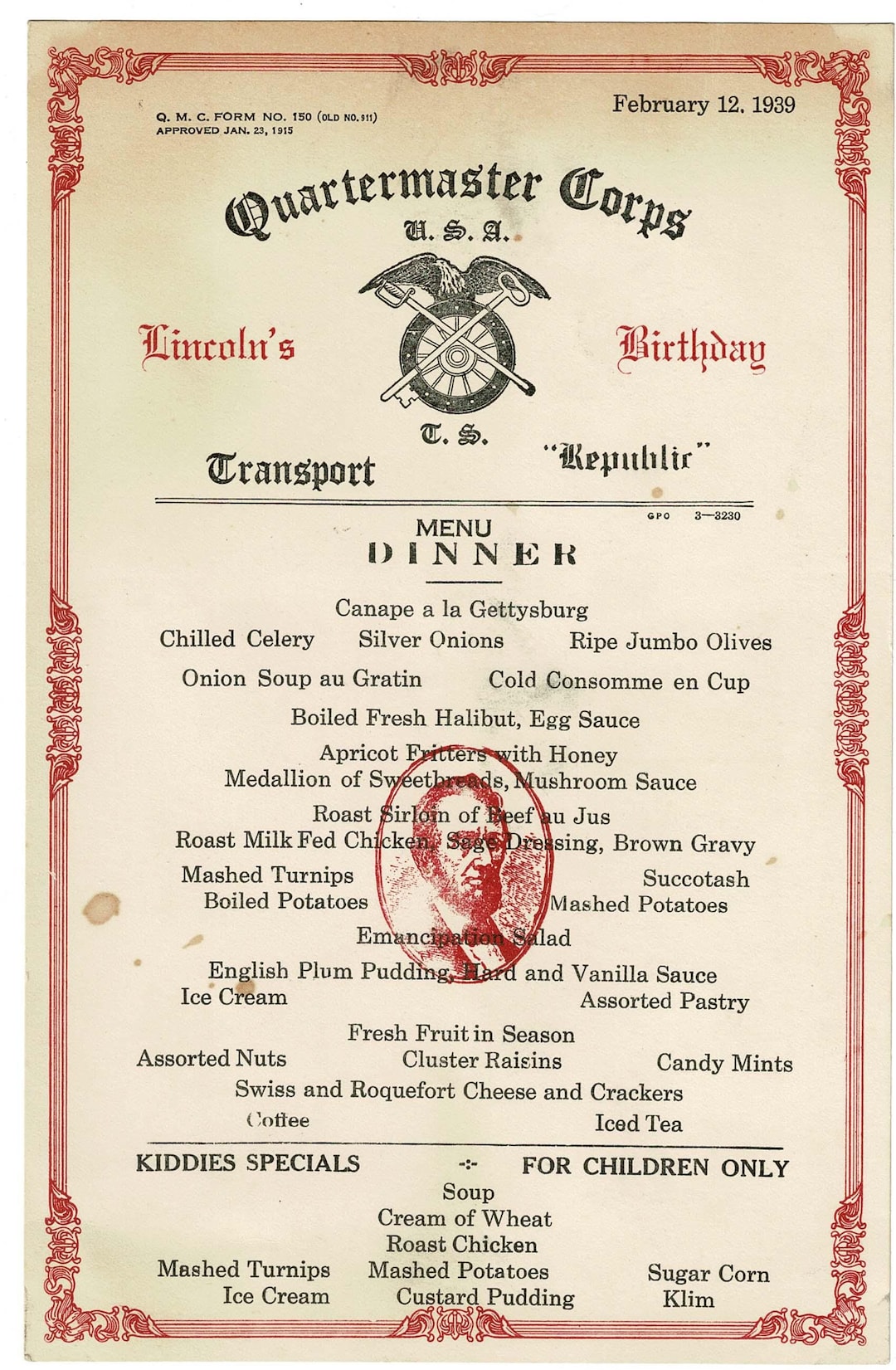 Vintage February 1939 U.S. Army Quartermaster Corps Dinner Menu USS ...