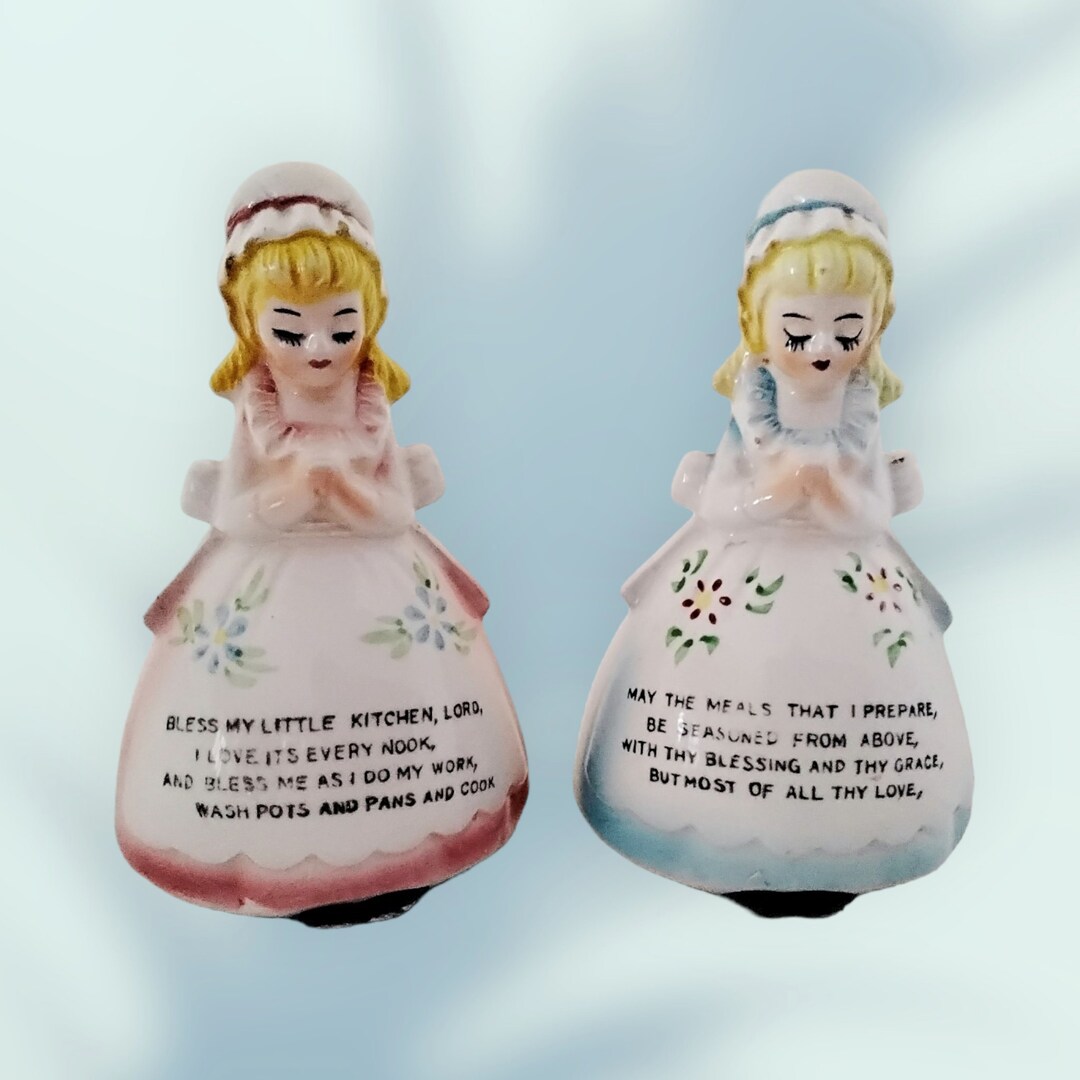 Praying Girls Salt & Pepper Shakers Set Ceramic Pink and Blue Dresses ...