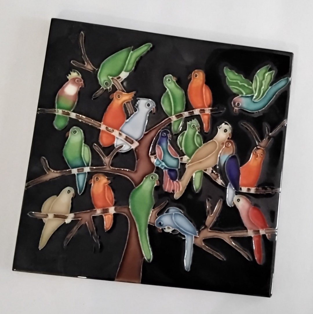 Colorful Parrots Ceramic Tile or Trivet Handmade & Hand Painted in ...
