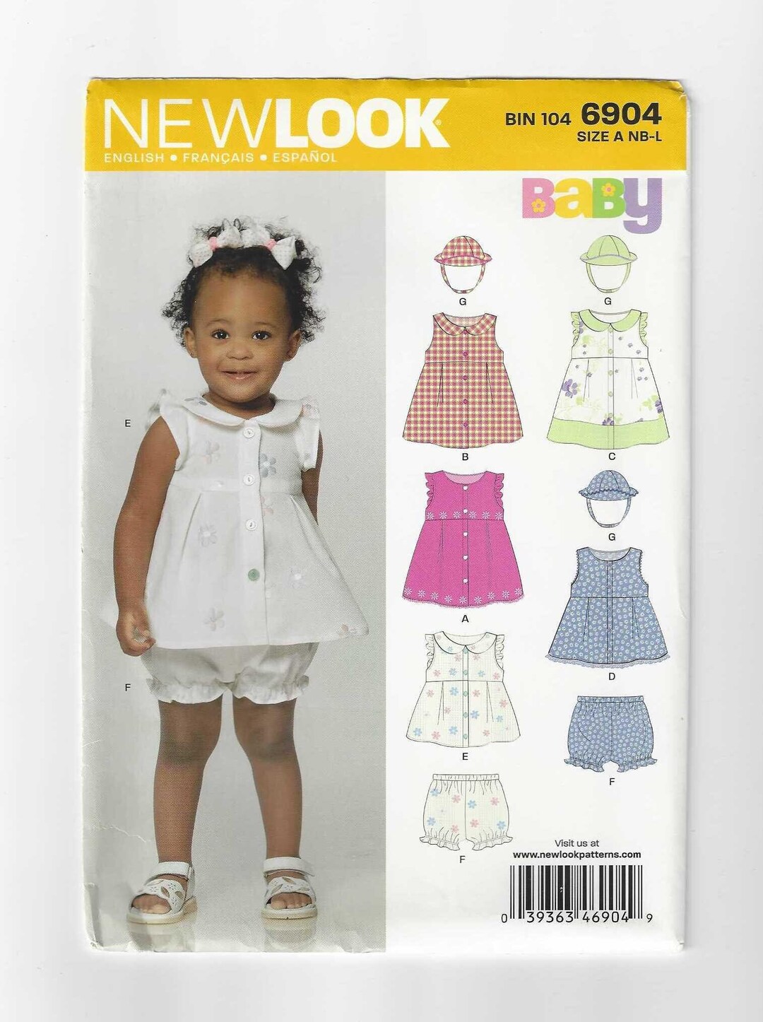 New Look Pattern 6904 Baby Dress, Bloomers & Hat Size A NB-L Uncut and ...