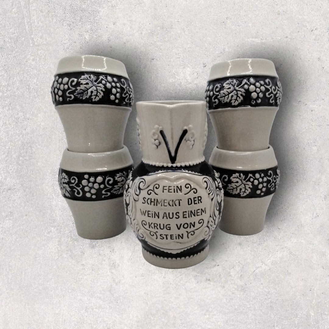 Marzi & Remy Stoneware Blue Salt Glaze Small Wine Pitcher and 4 Cups ...