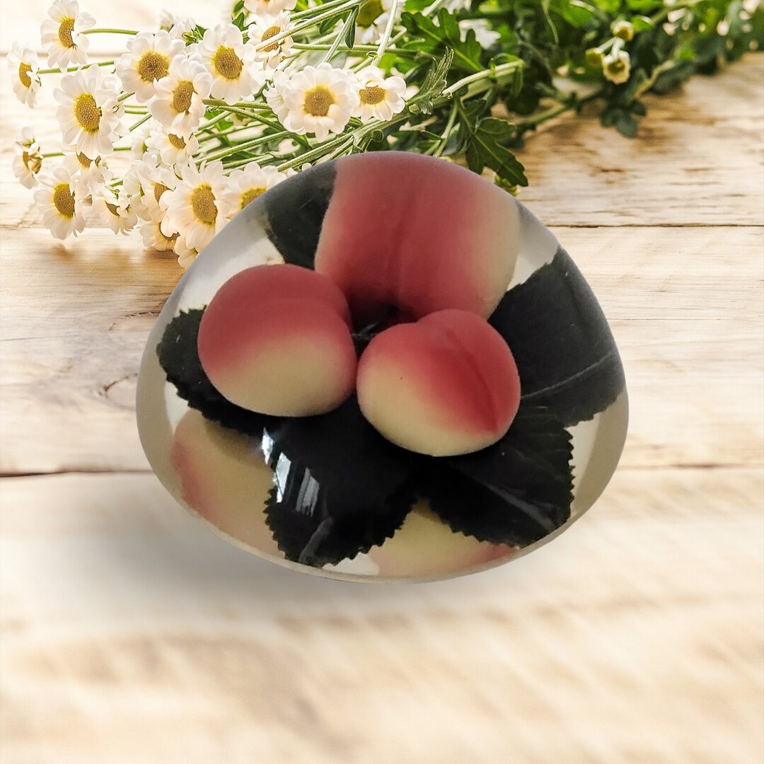 Lucite Paperweight With Faux Peaches & Leaves Round Dome Shape 3 Inch 8 ...