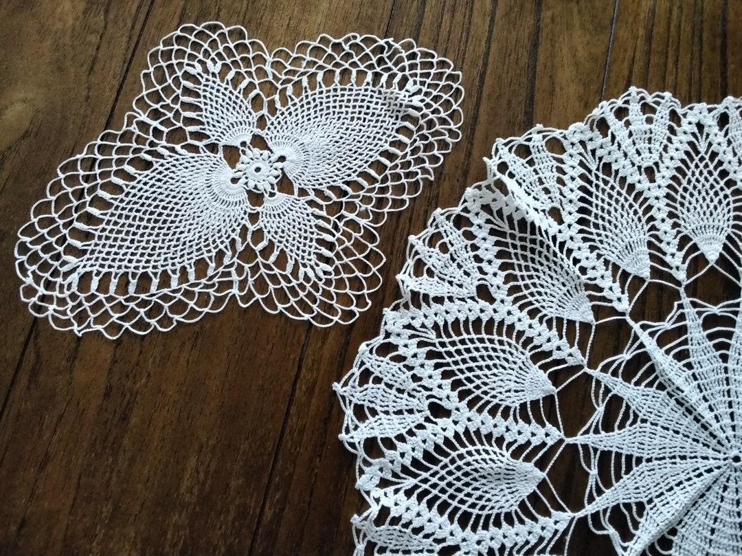 Vintage Pineapple Doilies Set of 2 Hand Crocheted White Heirloom Linens ...