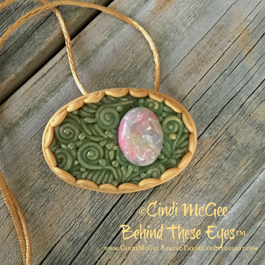 Faux Opal and Faux Jade Polymer Clay Pendant, Green, Gold, Pink ...