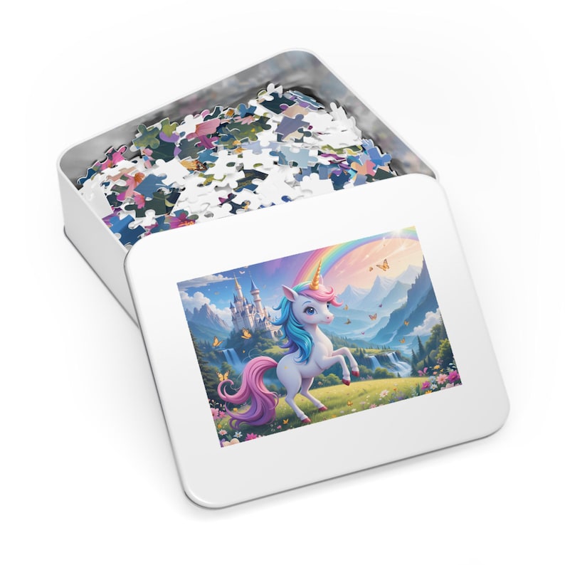 Jigsaw Puzzle: Rainbow and Unicorn Kids Activity Puzzles, Tin Storage ...