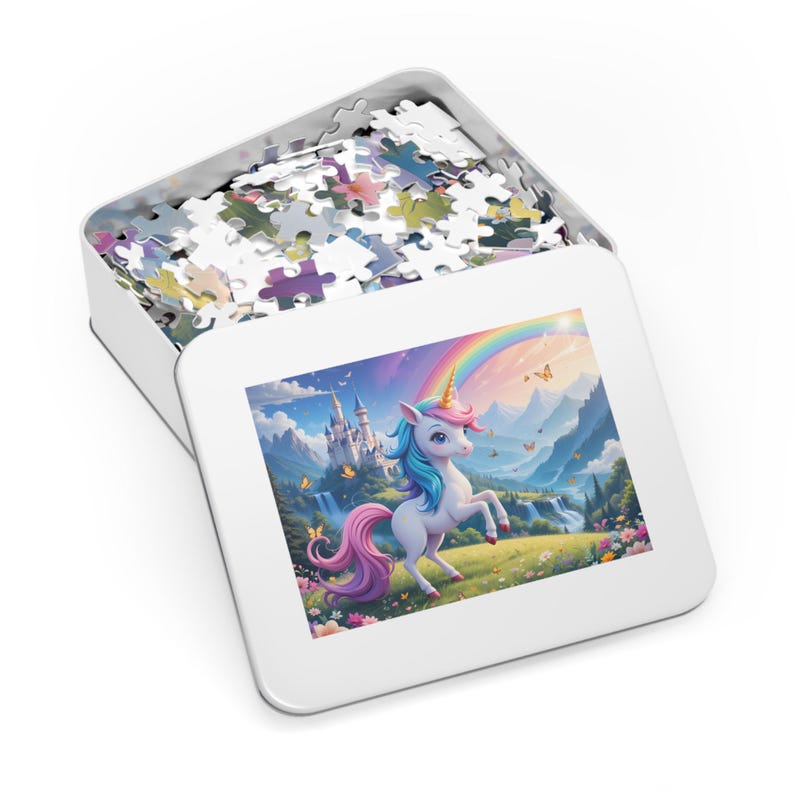 Jigsaw Puzzle: Rainbow and Unicorn Kids Activity Puzzles, Tin Storage ...