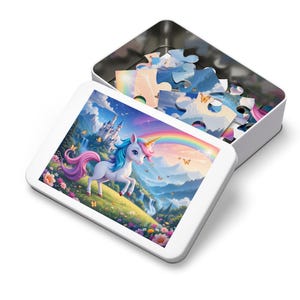 Jigsaw Puzzle: Rainbow and Unicorn Kids Activity Puzzles, Tin Storage ...
