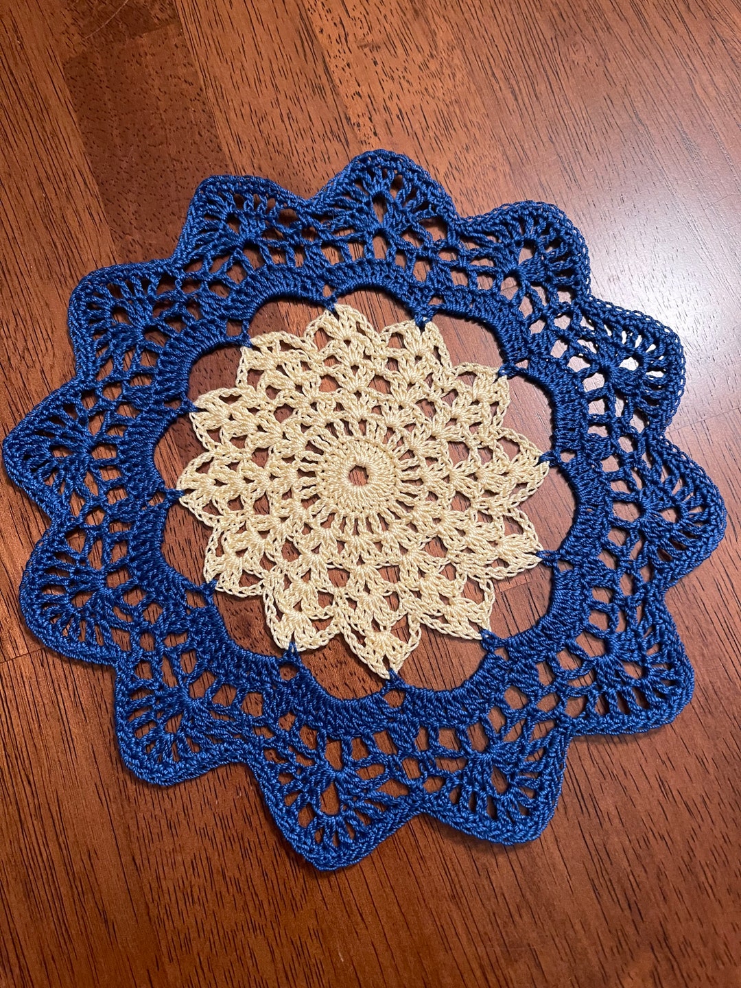 Hand Crocheted Cotton Doily, Maize Yellow and Navy Blue, 9 Inch - Etsy