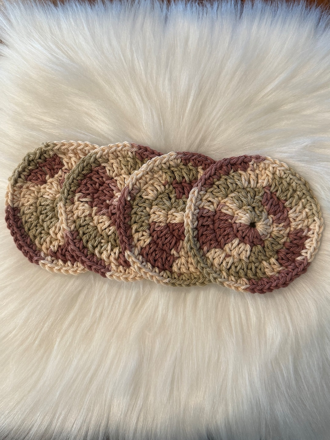 Crocheted Round Coaster, Variegated Brown, Apple Green and Cream ...