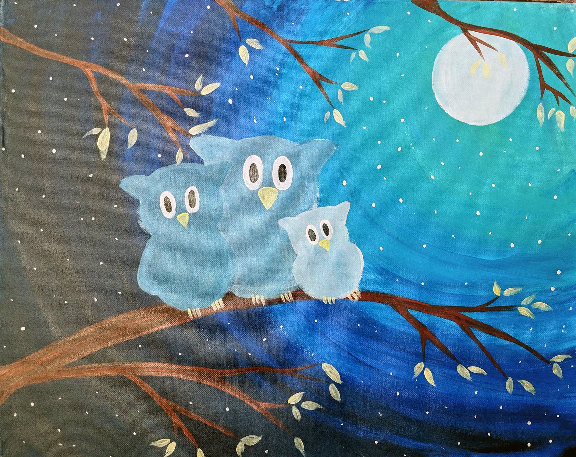 Three Owls in Moonlight, Hand Painted, Acrylic on Canvas, 16x20 - Etsy