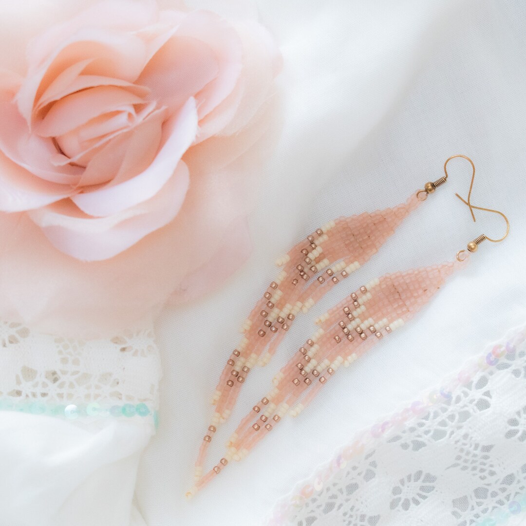 Earrings Salmon Pink, Beige, Warm Gold, Brick Stitch Threaded Seed ...