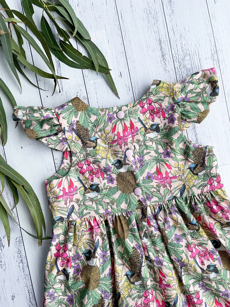 Handmade Fairy Wren Tea Party Dress: Aussie Floral Flutter Sleeve ...