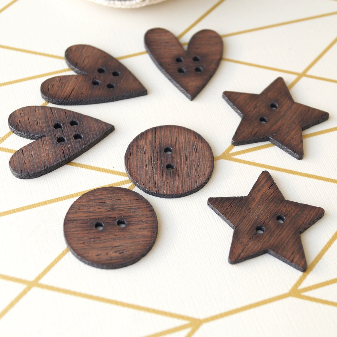 Wooden Buttons in Round, Heart or Star Shape, Solid Wood Buttons, Dark ...