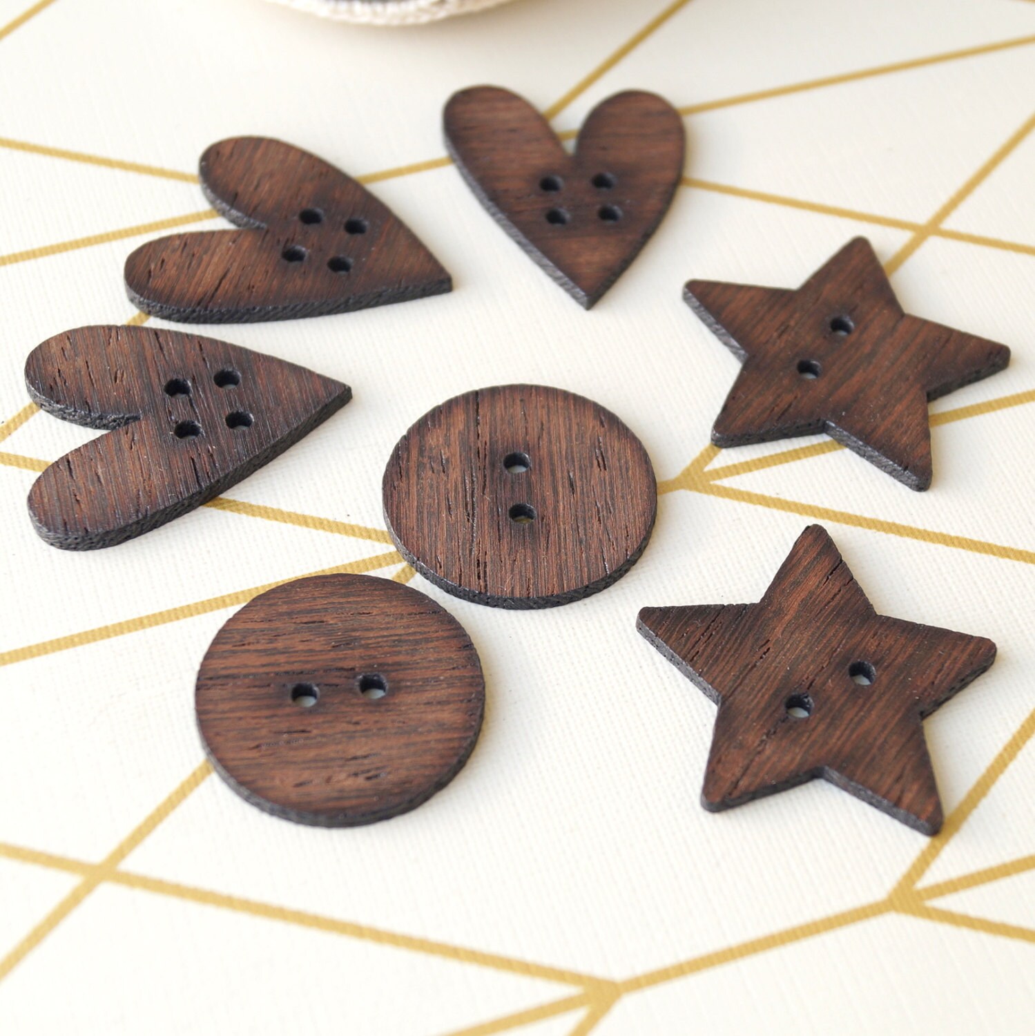 Wooden Buttons in Round, Heart or Star Shape, Solid Wood Buttons, Dark ...