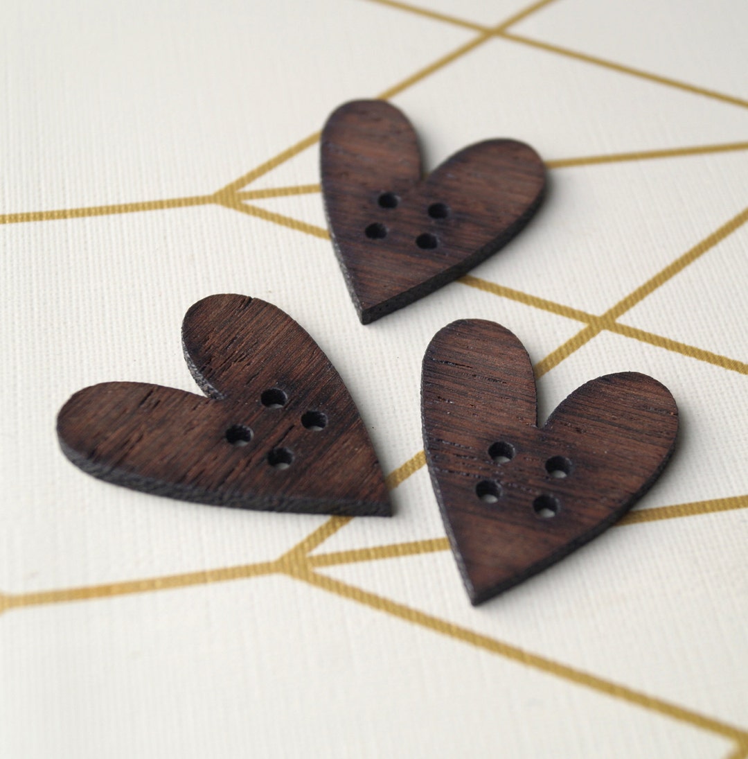 Wooden Buttons in Round, Heart or Star Shape, Solid Wood Buttons, Dark ...