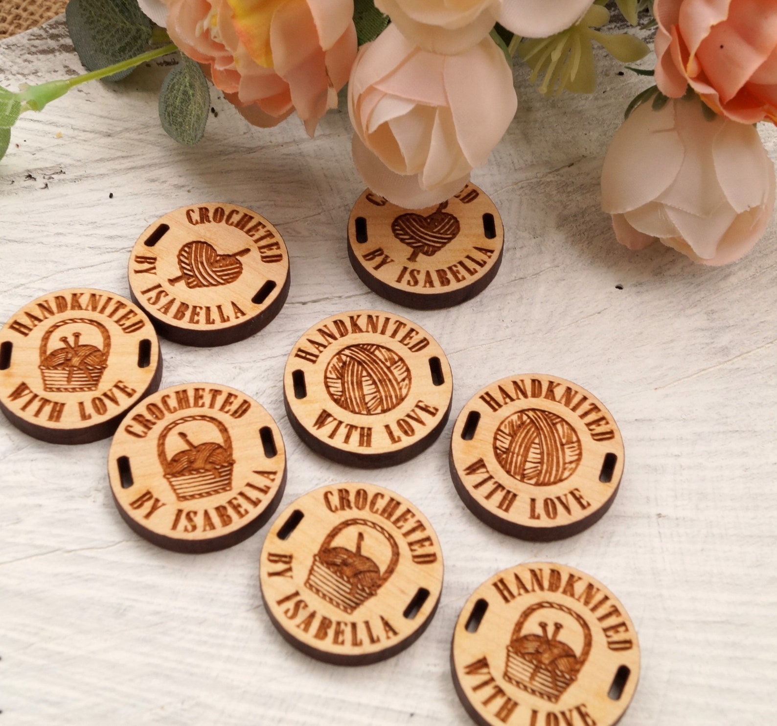 Round Wooden Tags for Handmade Products, Custom Clothing Tags, Crochet ...