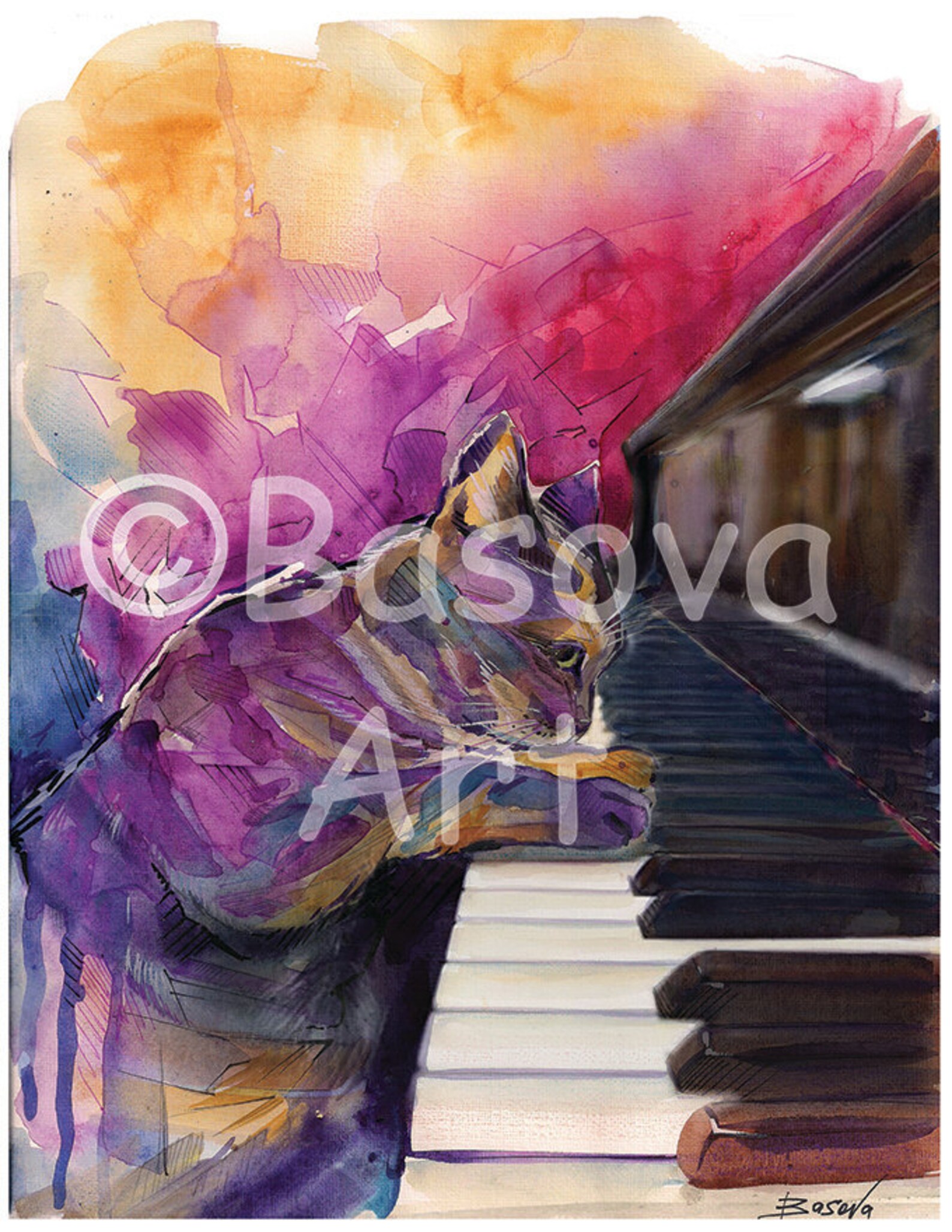 Piano Cat Art Print Music Art Print Fine Art Print Cat | Etsy