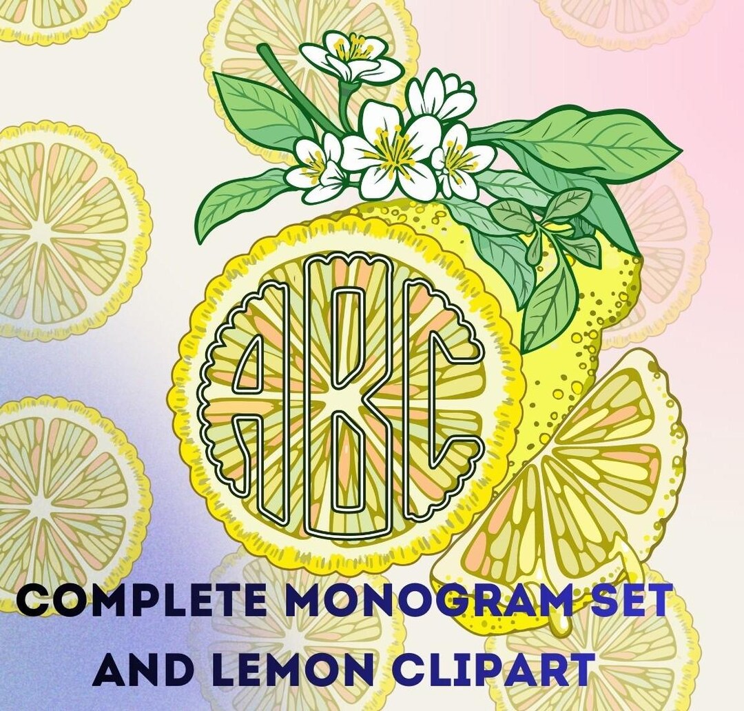 Lemon Monogram PNG Bundle, Tropical Monogram, Scalloped Circle Set ...