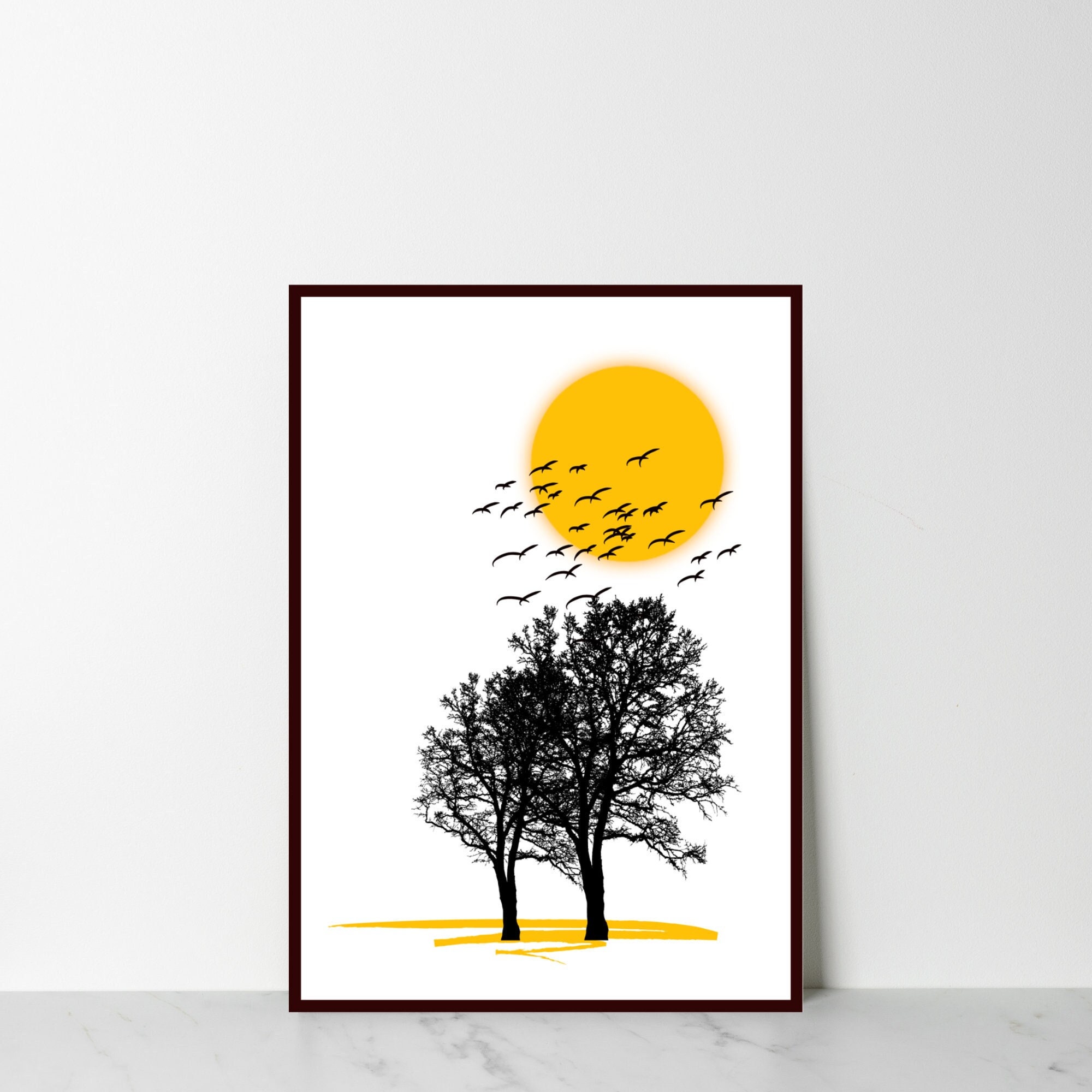 Sun, Trees and Birds Landscape Poster Print. Yellow Scenery Art Picture ...