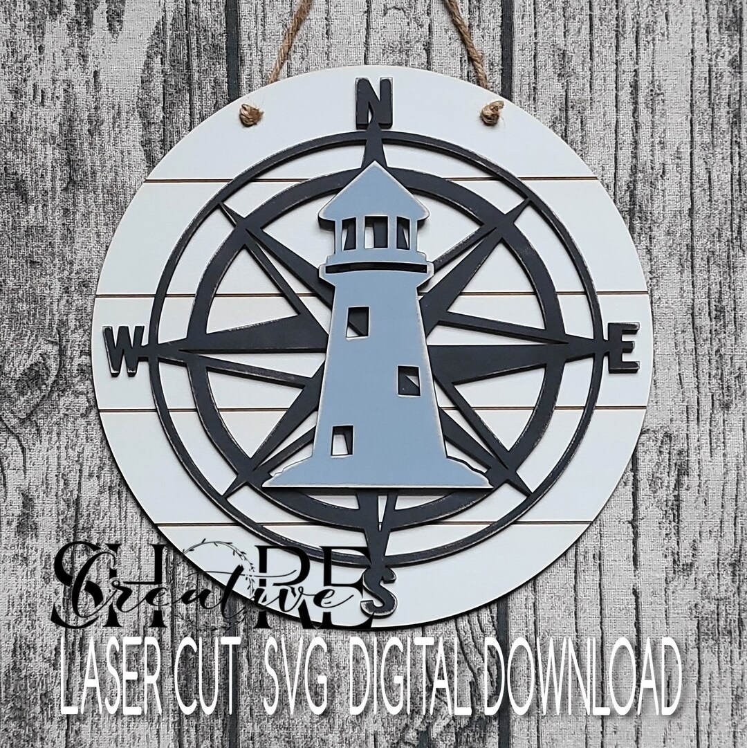 Lighthouse Compass Round Door Hanger With Shiplap Backer, SVG, Laser ...