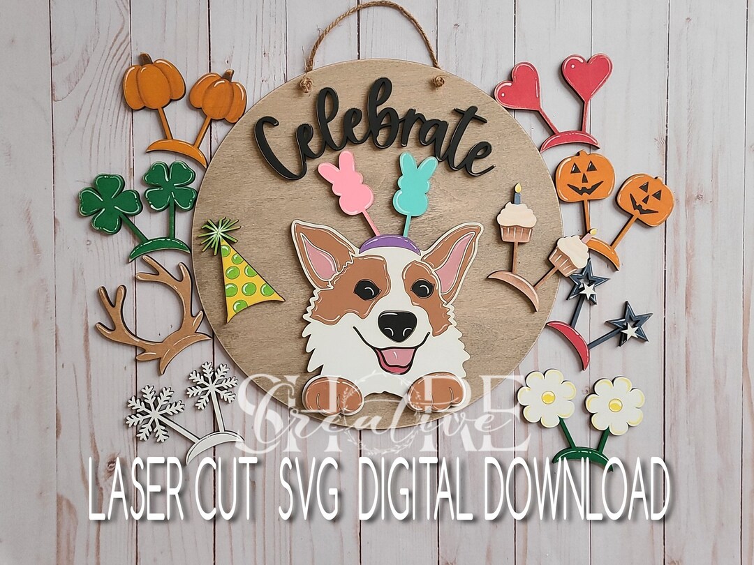 Corgi Celebration Interchangeable Door Hanger, Wall Hanging, SVG ...