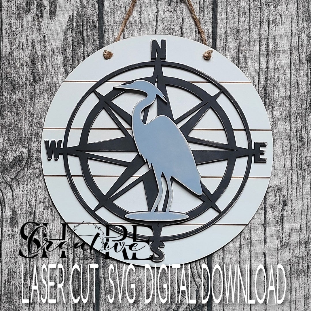 Heron Compass Round Door Hanger With Shiplap Backer, SVG, Laser Cut ...