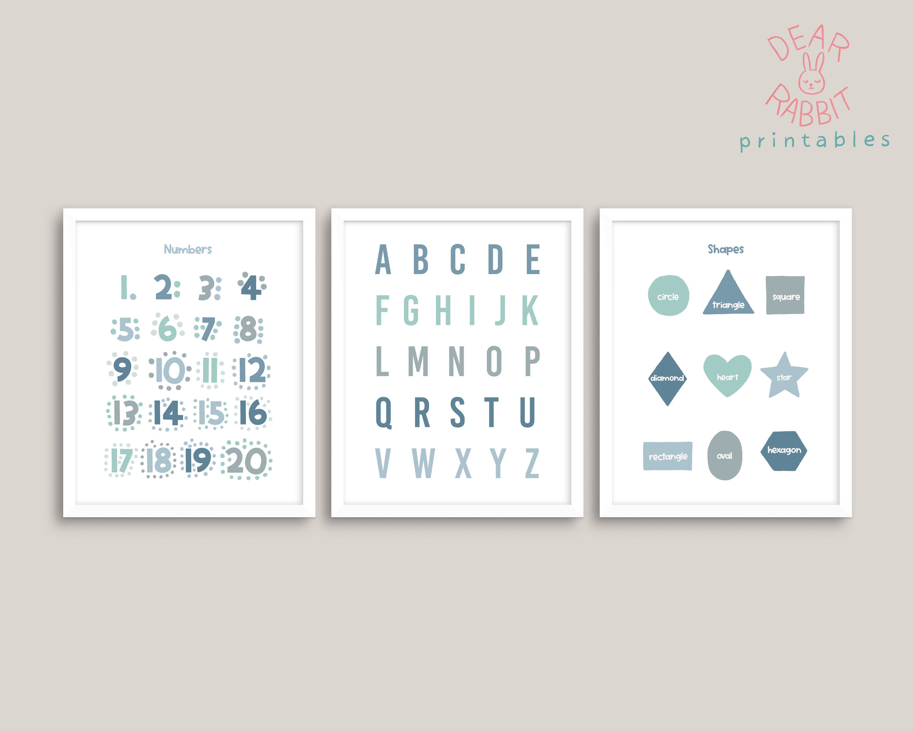 Alphabet Numbers and Shapes,set of 3 Prints Educational Wall Art,kids ...