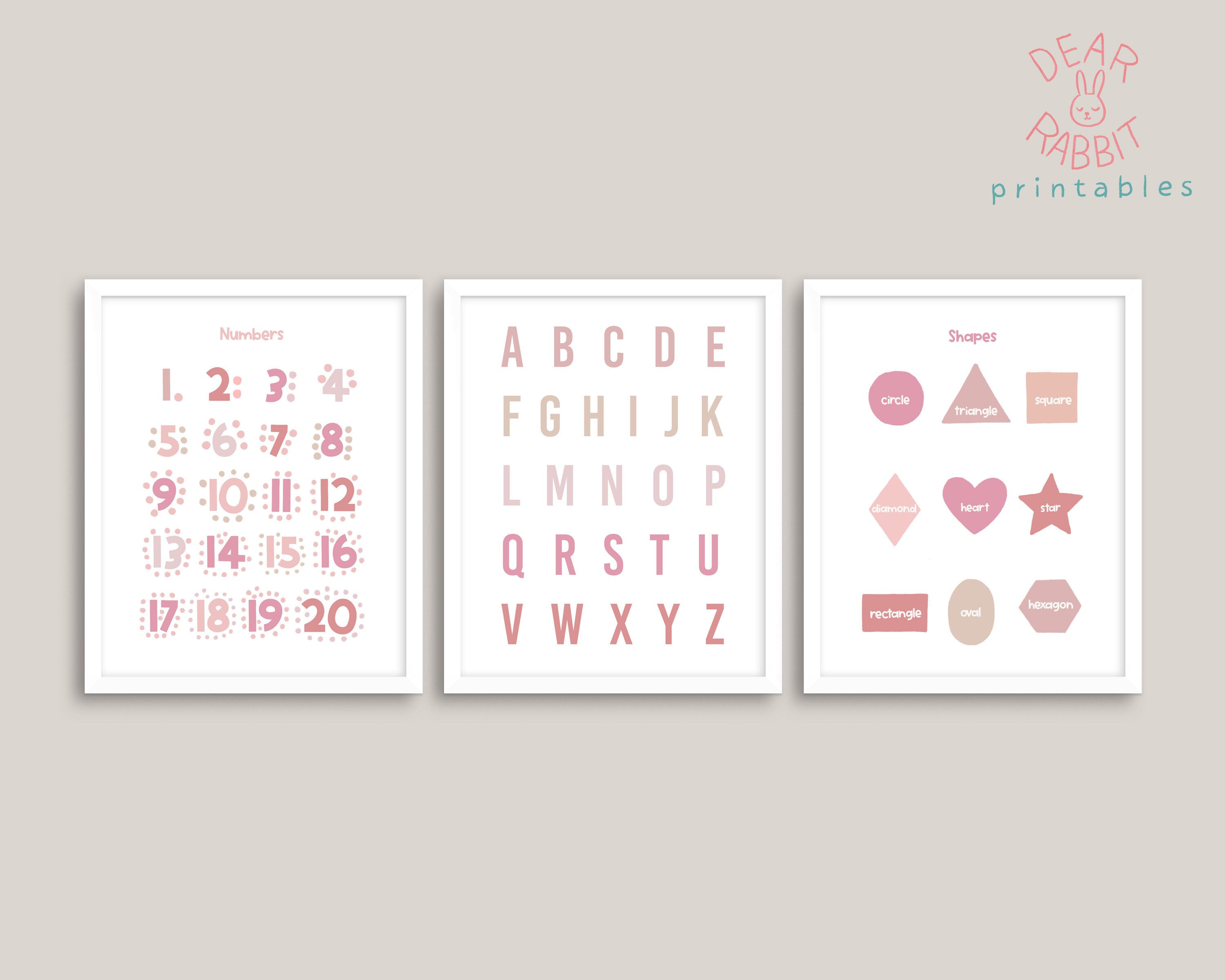 Alphabet Numbers and Shapes,set of 3 Prints Educational Wall Art,kids ...