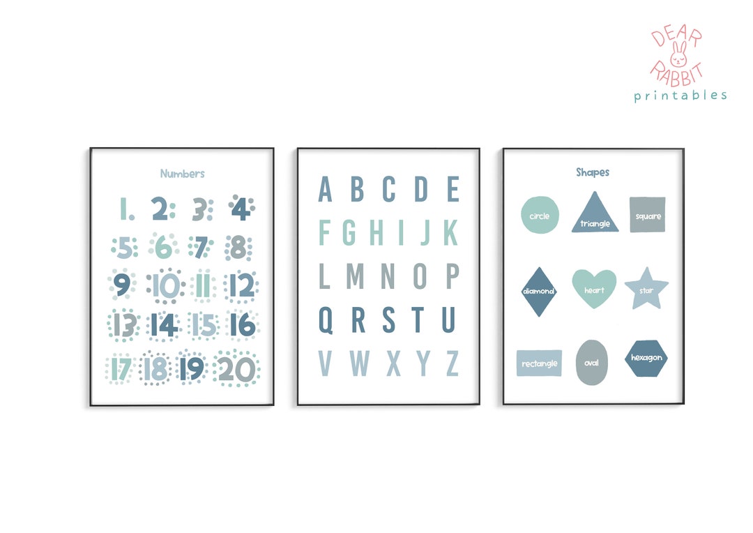Alphabet Numbers and Shapes,set of 3 Prints Educational Wall Art,kids ...