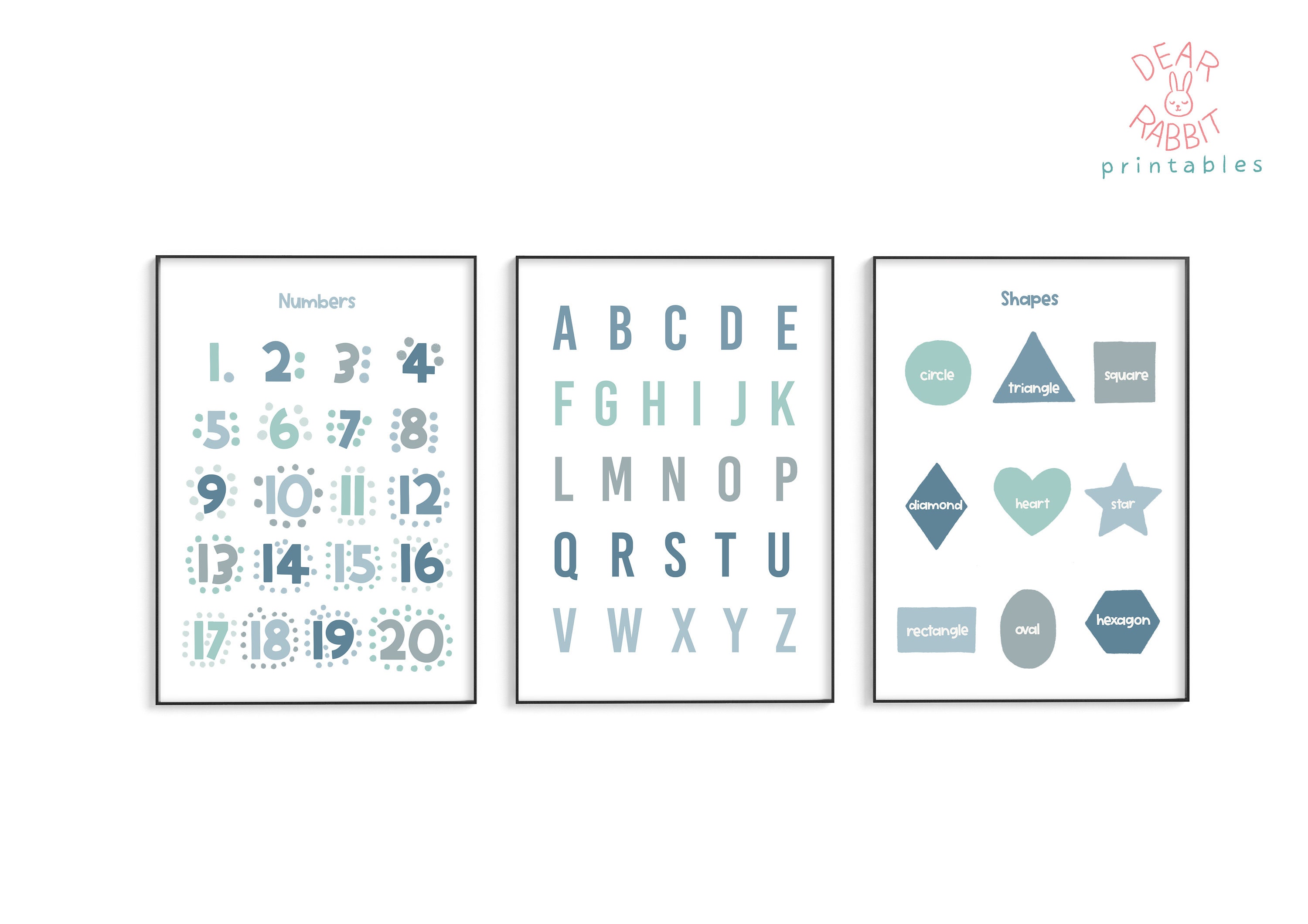 Alphabet Numbers and Shapes,set of 3 Prints Educational Wall Art,kids ...