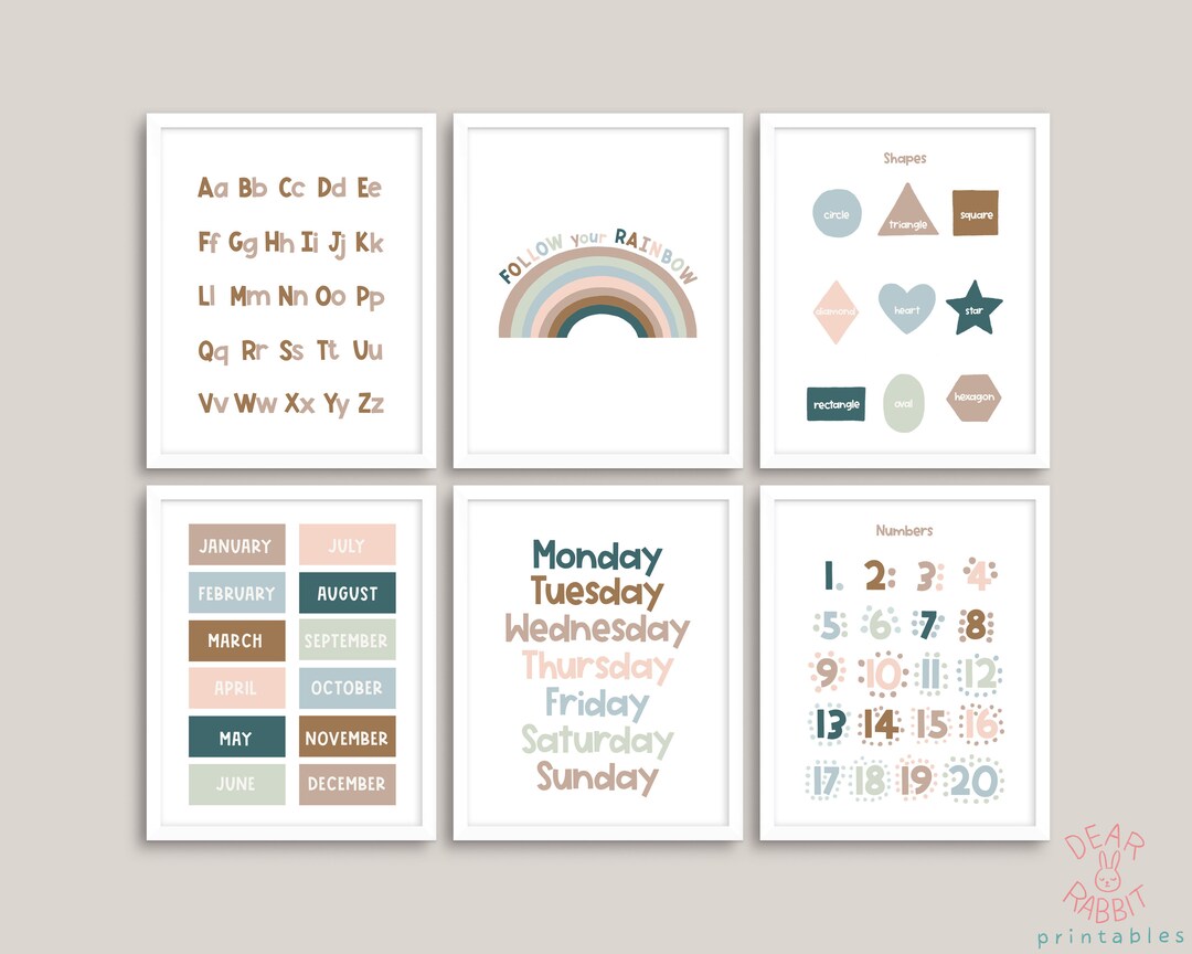 Set of 6 Prints,alphabet Lowercase Poster,numbers and Shapes,days and ...