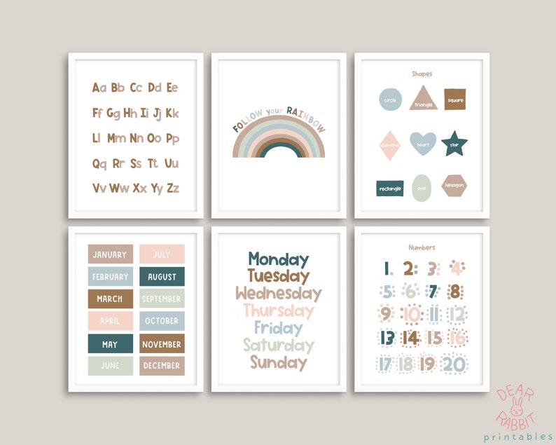 Set of 6 Prints,alphabet Lowercase Poster,numbers and Shapes,days and ...