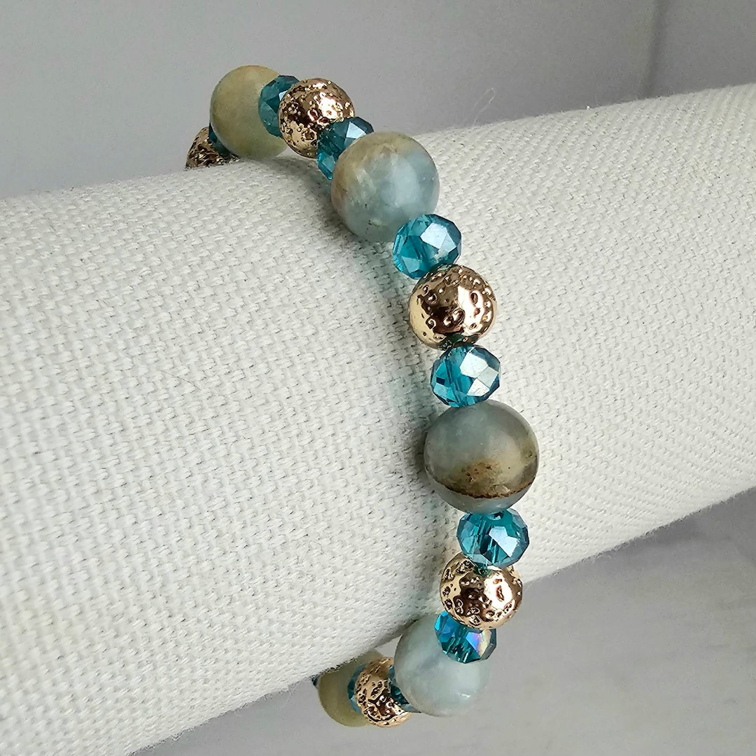 Blue Calcite, Gold Lava & Crystal Stackable Stretch Bracelet - Gift for ...
