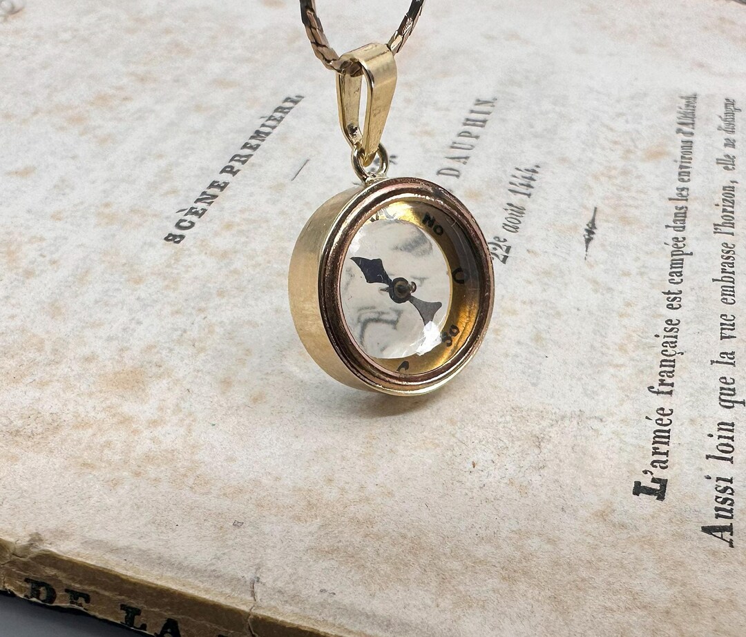 14k Gold Compass Charm, Miniature Gold Pendant, Transparent Compass Fob ...