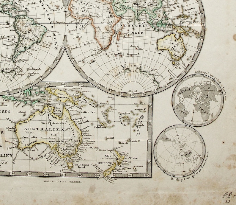 Rare World Map Eastern & Western Hemispheres and AUSTRALIA 1848 - Etsy
