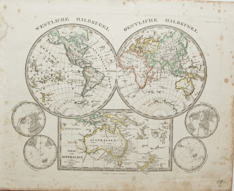 Rare World Map Eastern & Western Hemispheres and AUSTRALIA 1848 - Etsy