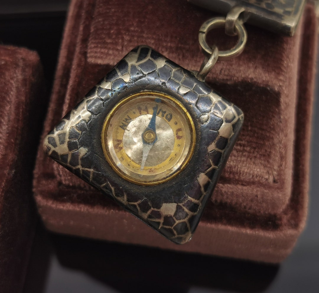 Antique Compass Chain German Niello Silver Compass Pendant - Etsy