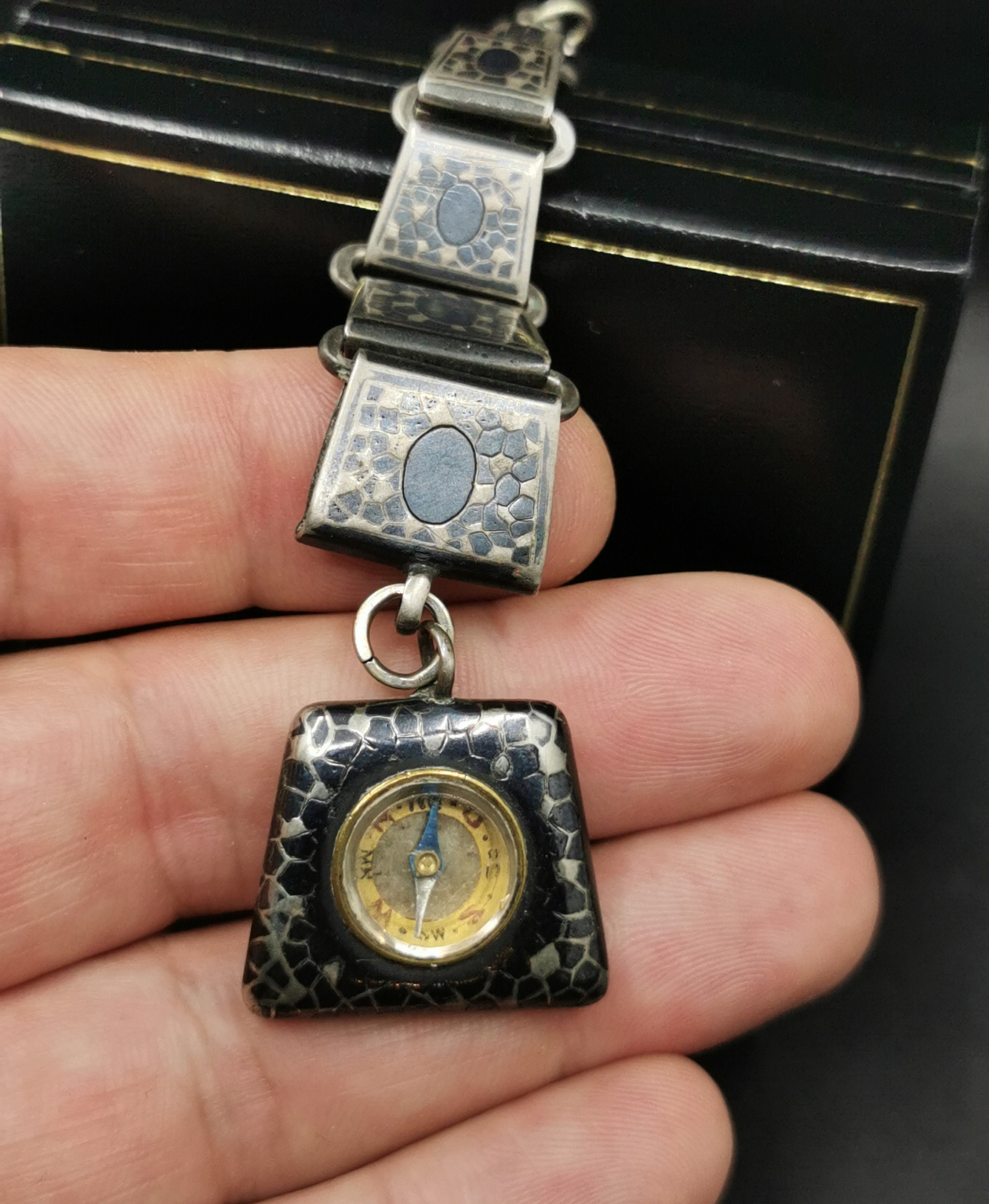 Antique Compass Chain German Niello Silver Compass Pendant - Etsy