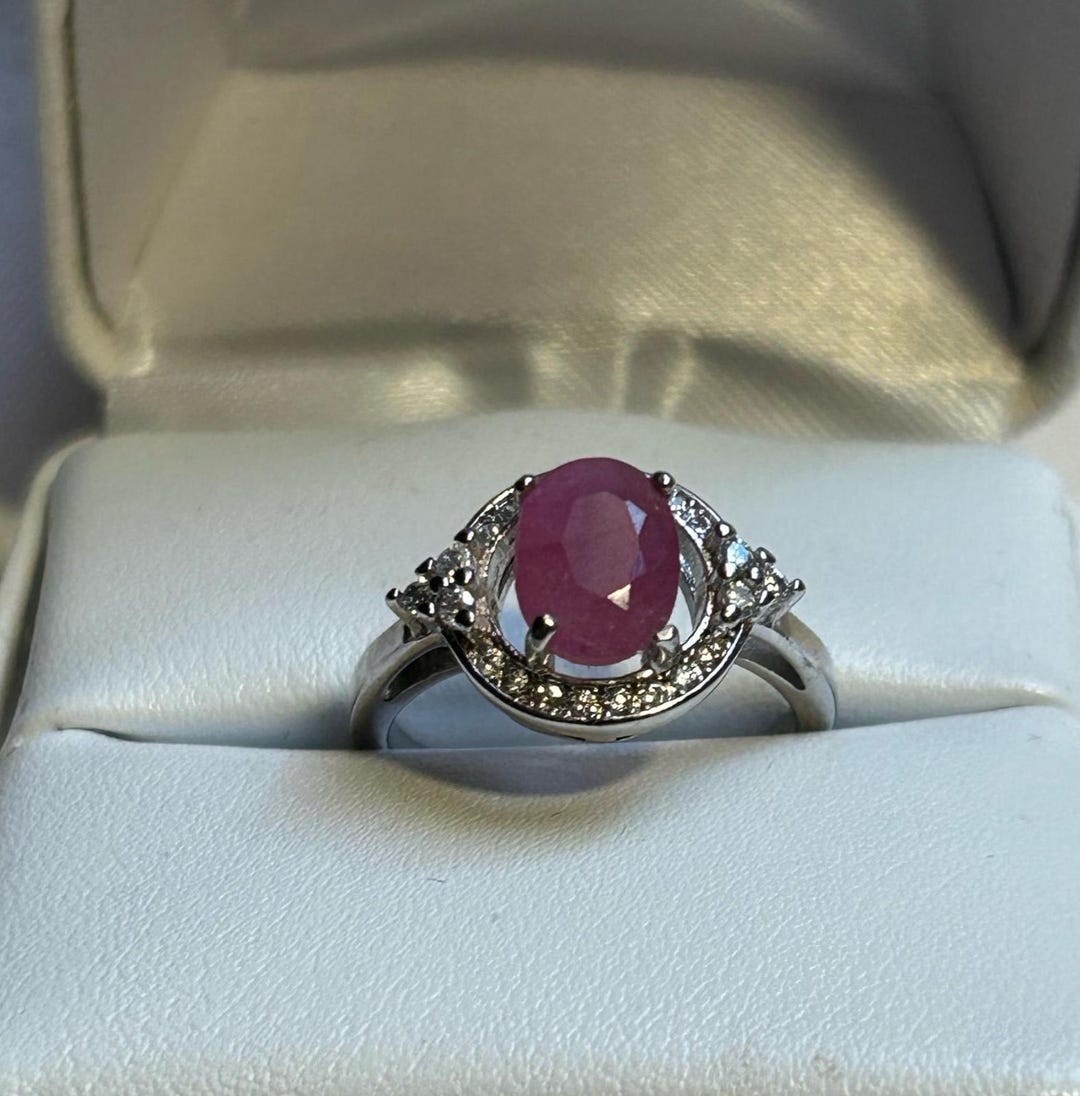 Niassa Pink Ruby Ring, White Topaz Halo, 14k White Gold Over Sterling ...
