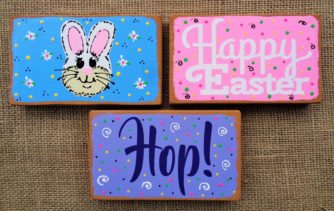 3 Piece Set Tiered Tray Mini HAPPY EASTER Handcrafted Hand Painted HOP ...