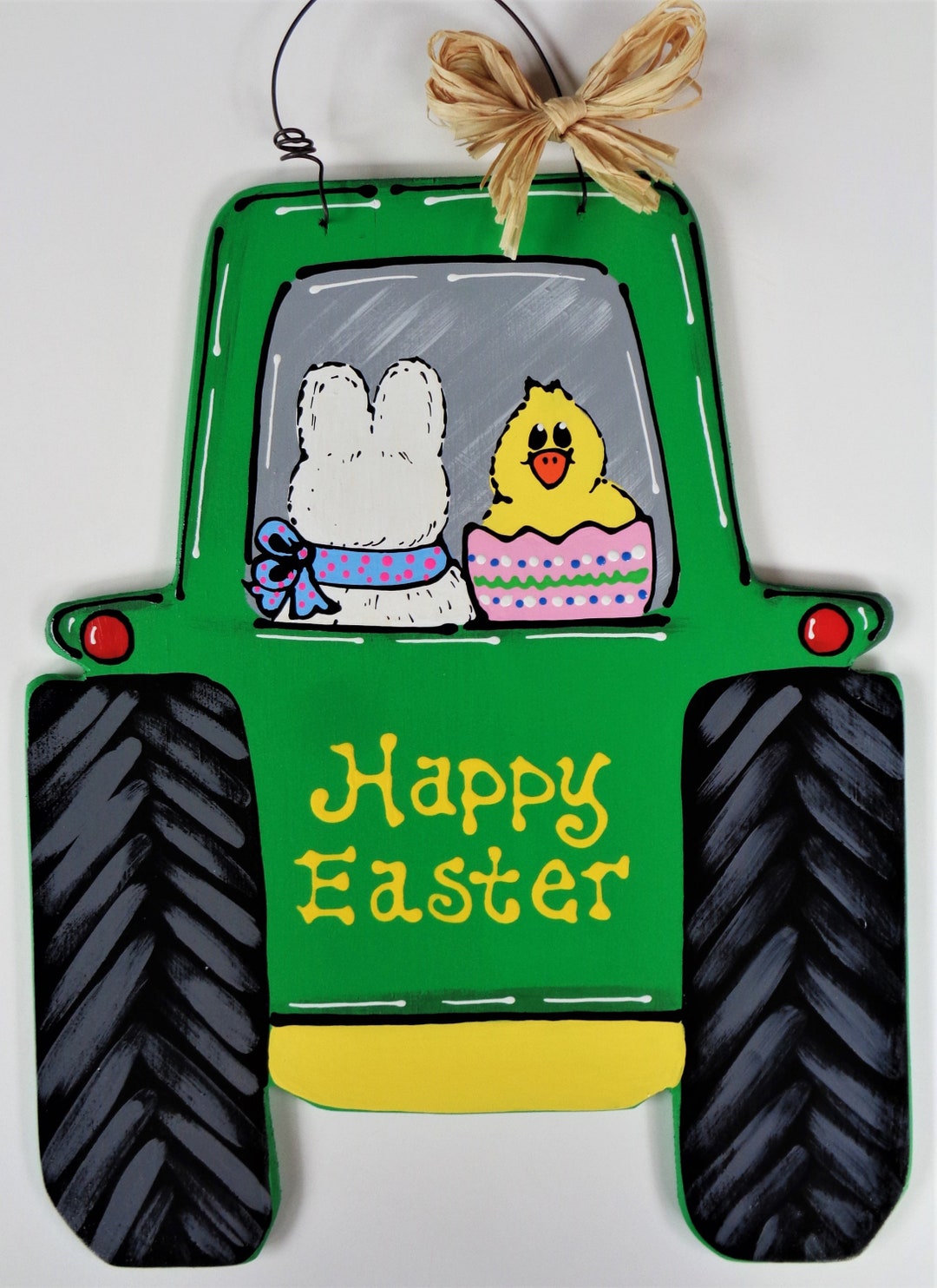 Happy Easter FARM TRACTOR Bunny & Chick SIGN Wall Door Hanger Plaque ...