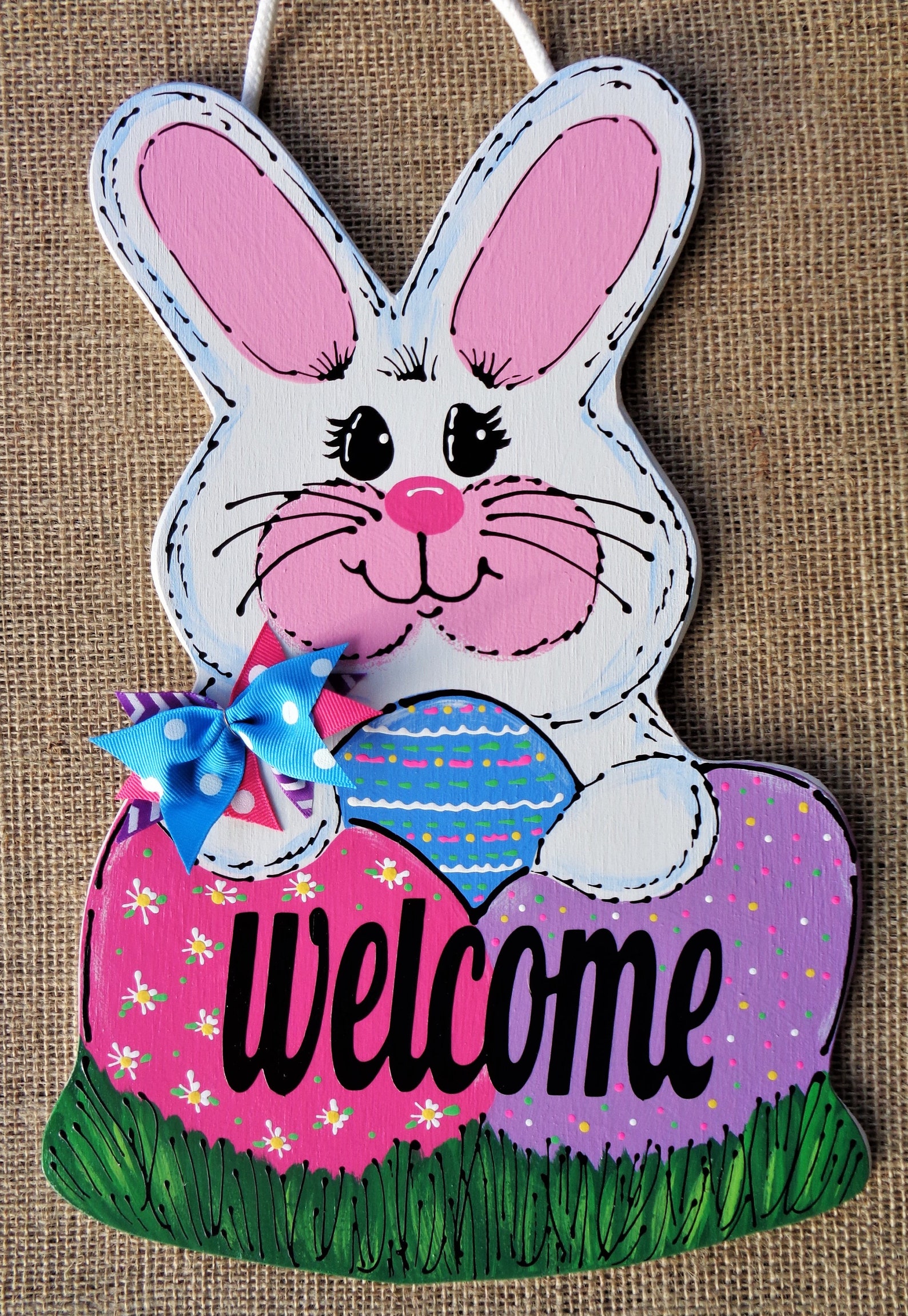 WELCOME RABBIT Wall Door Sign Hanger Hanging Bunny Easter | Etsy