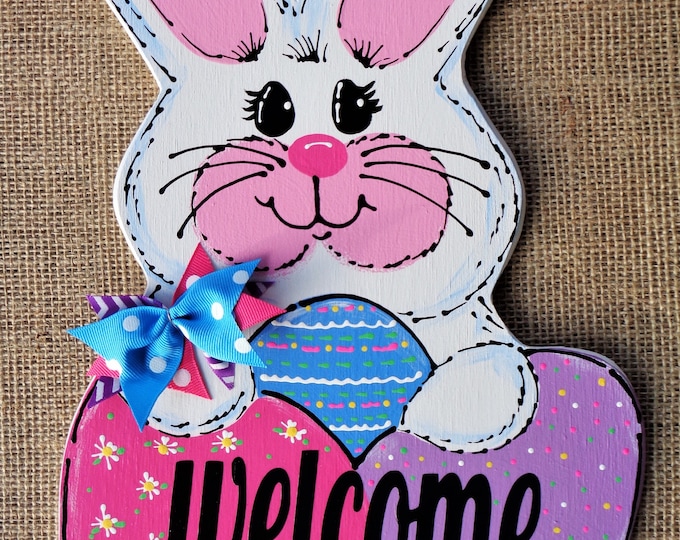 WELCOME RABBIT Wall Door Sign Hanger Hanging Bunny Easter Plaque ...